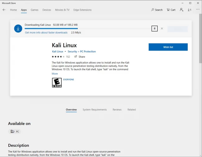 Installing Kali Linux in Windows through Microsoft Store